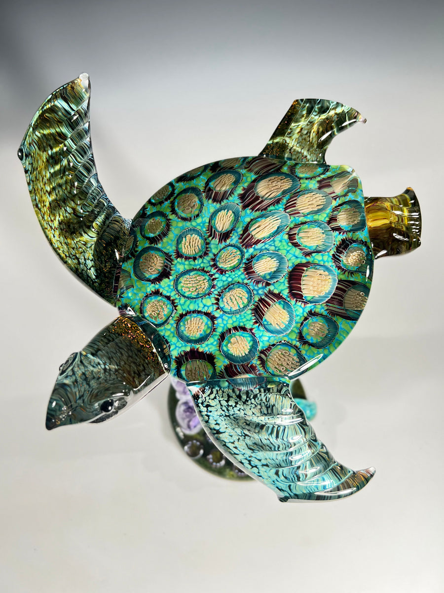 Tide Pool Green Barnacle Turtle on Amethyst Coral w/ Starfish Sculptur ...